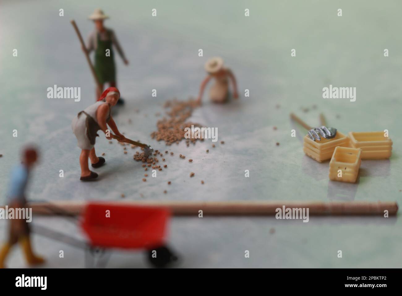 miniature figures of workers working together to move grain Stock Photo ...