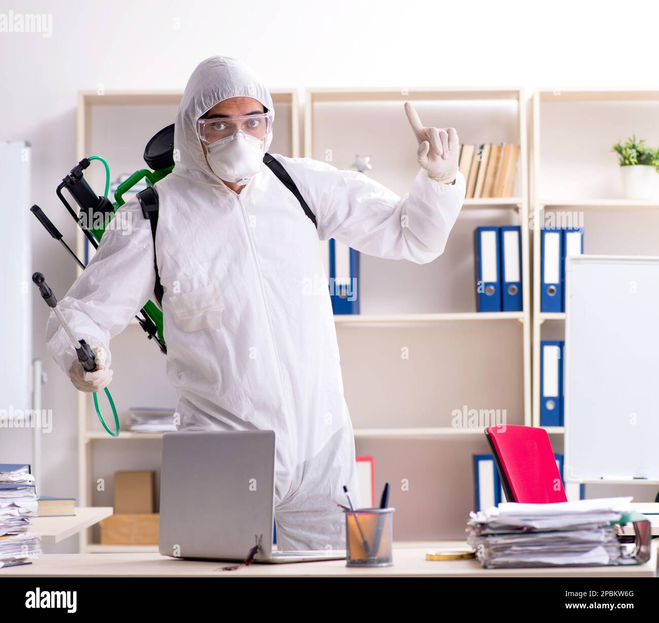 The professional contractor doing pest control at office Stock Photo ...