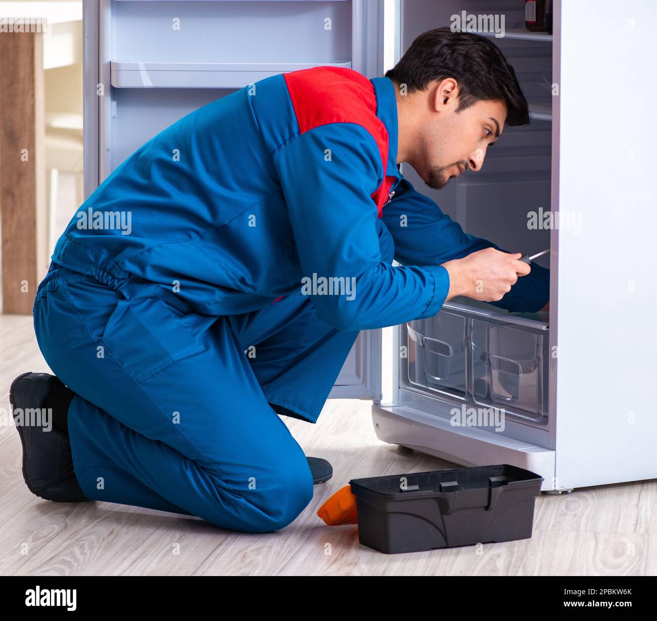 The man repairing fridge with customer Stock Photo - Alamy