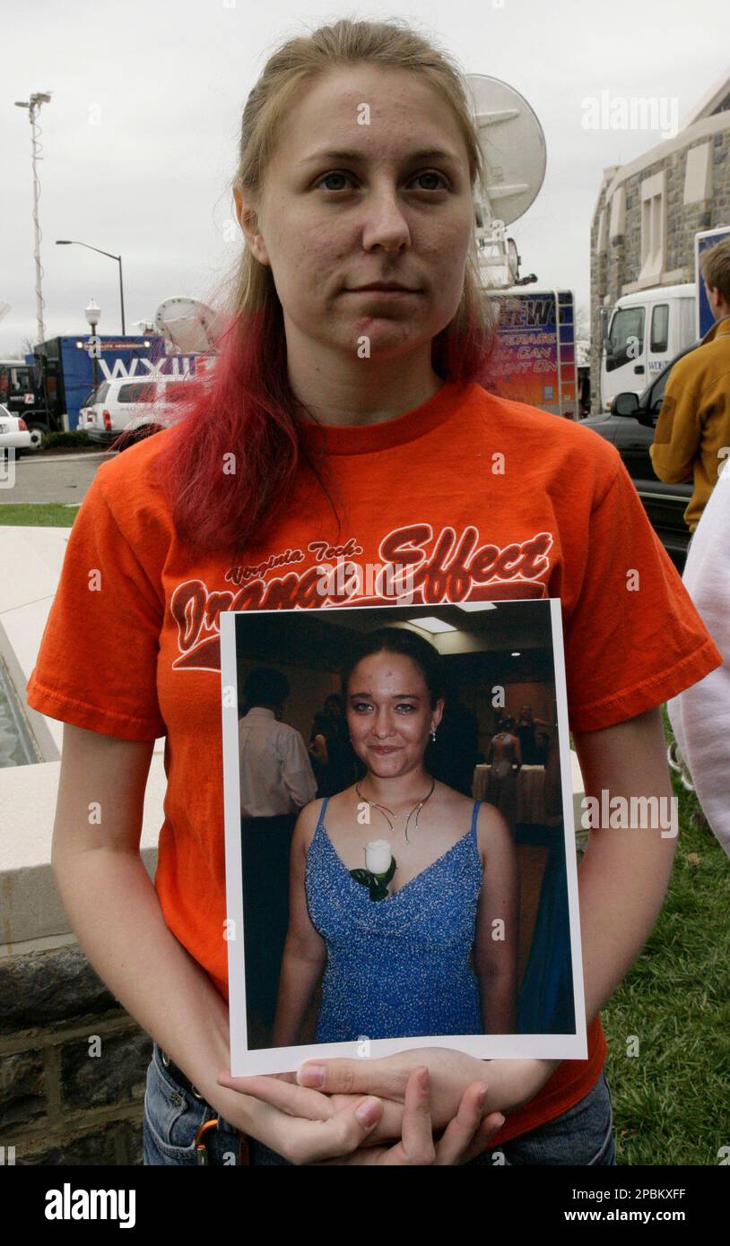 Jessica Palazzolo holds a photo of shooting victim Maxine Turner outside the Media Center in the ...