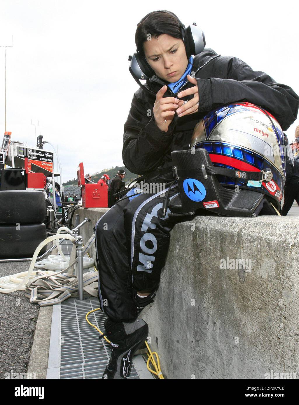 Indy Racing League driver Danica Patrick of the U.S., sits on the pit ...