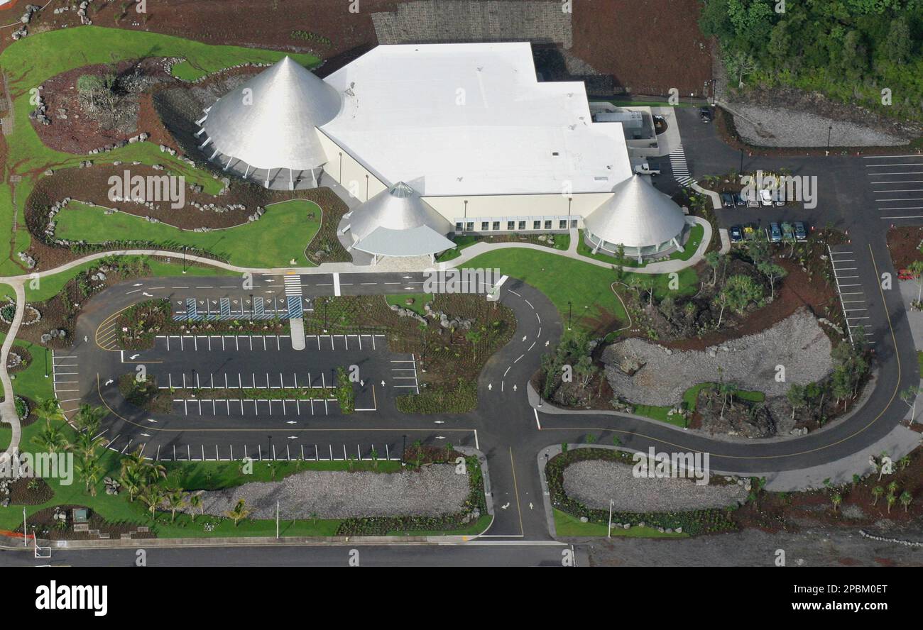 An aerial overview of the Imiloa Astronomy Center, with its three ...