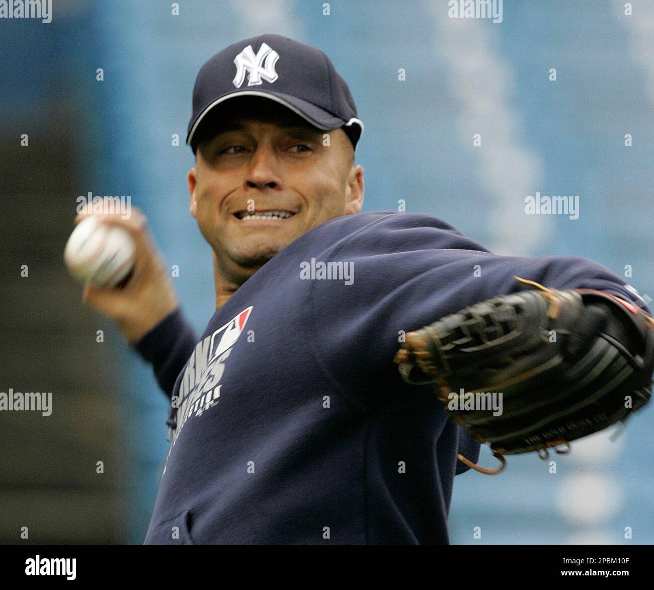 New York Yankees shortstop Derek Jeter winds up during pregame warmups ...