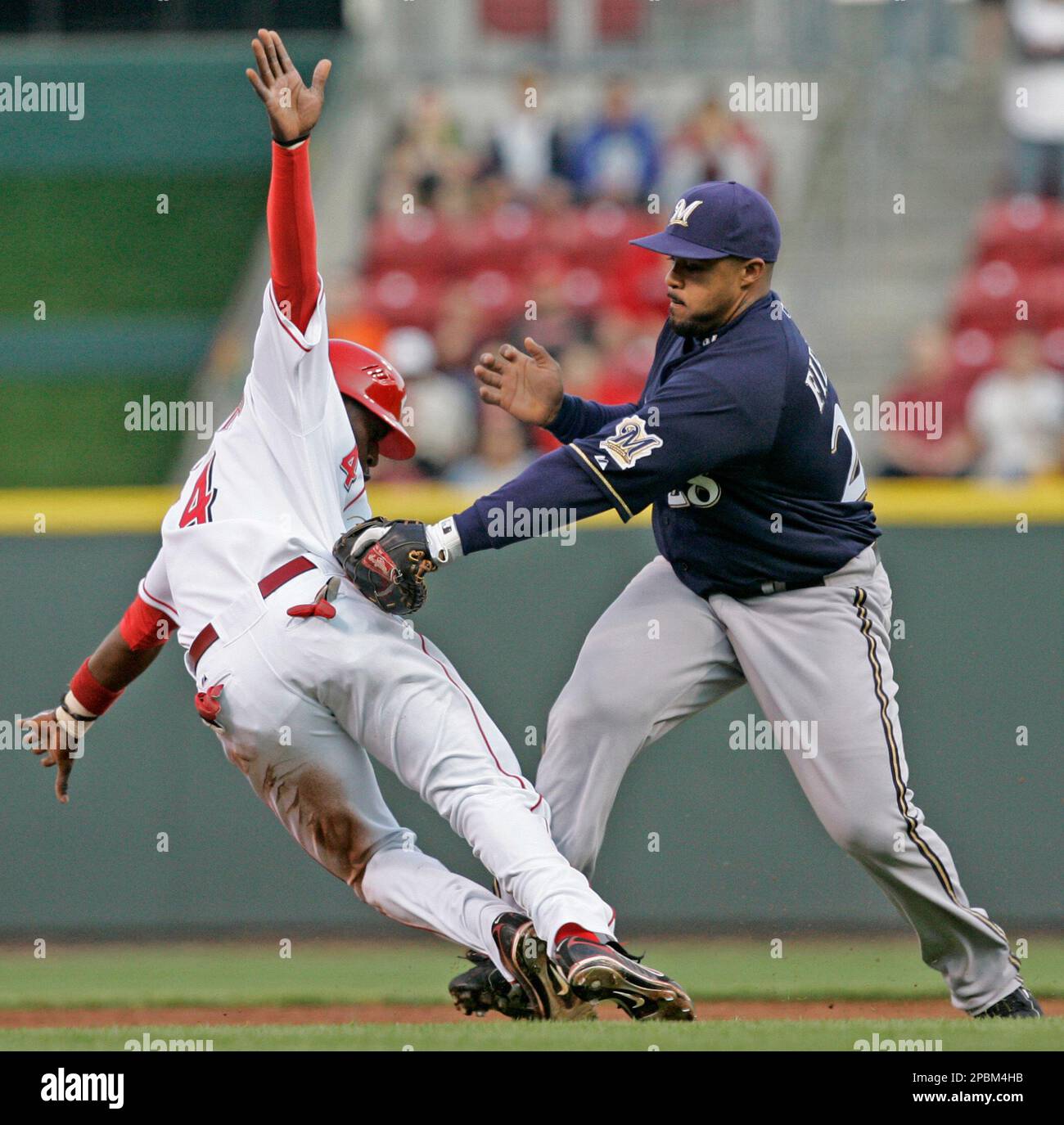 Milwaukee Brewers first baseman Prince Fielder tags out Cincinnati Reds ...