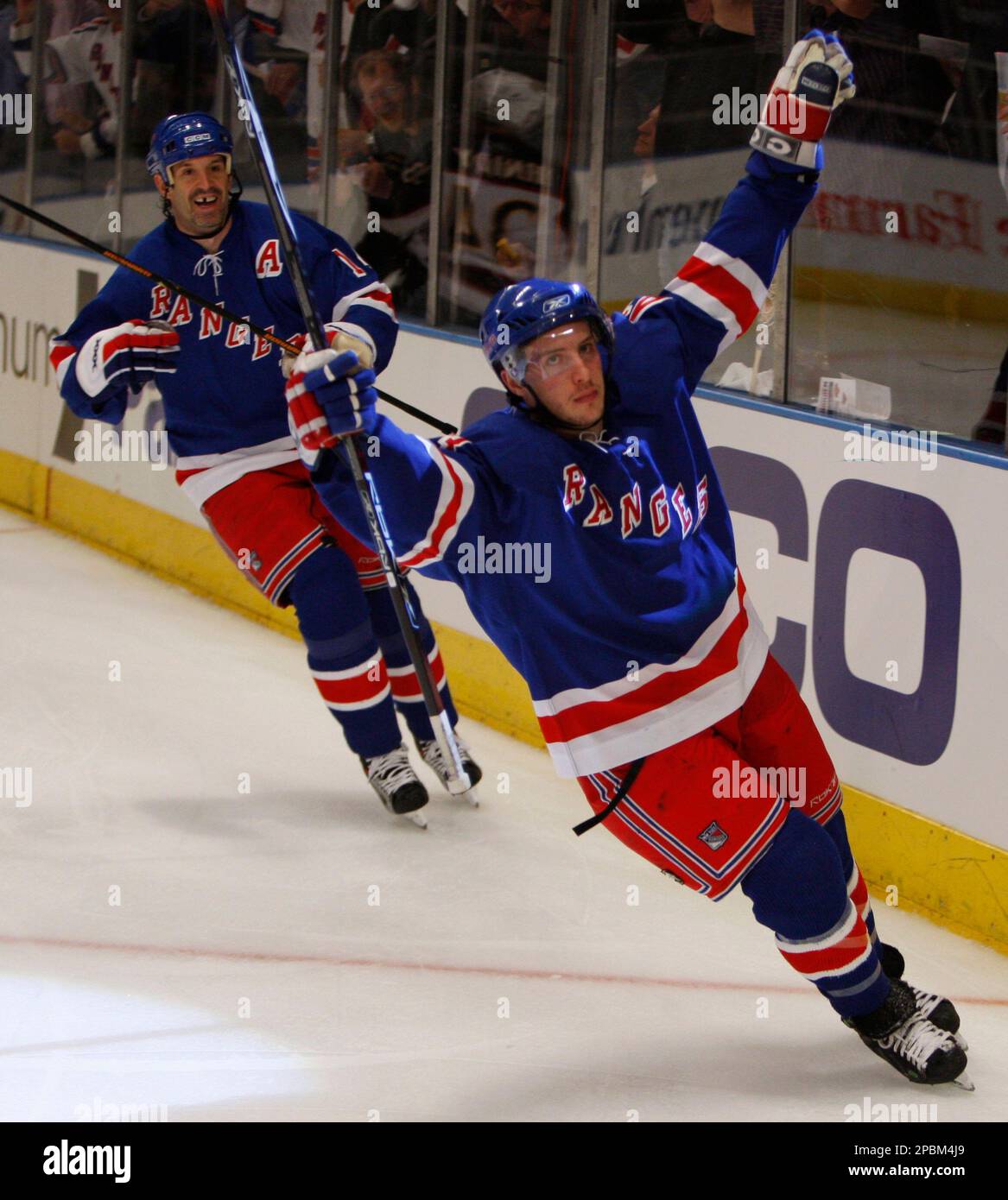 New York Rangers' Ryan Callahan, right, celebrates as Brendan Shanahan ...