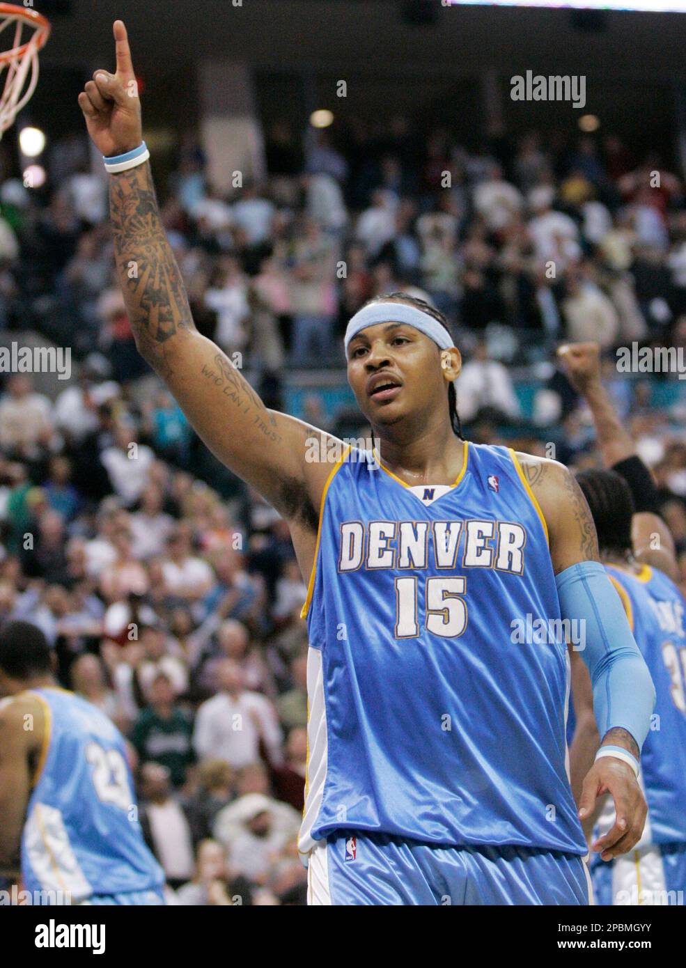 Denver Nuggets forward Carmelo Anthony reacts as the Nuggets defeat the ...