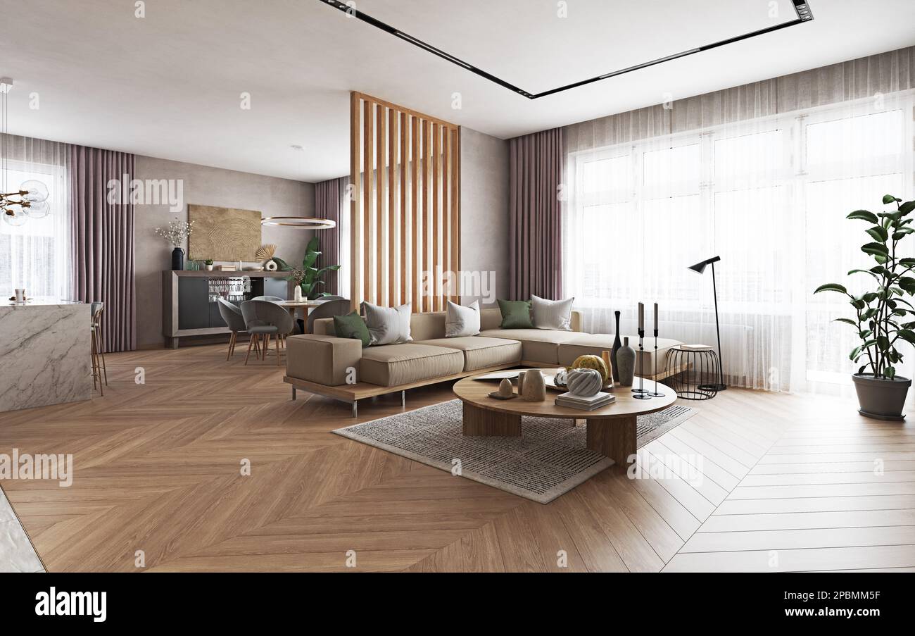 Modern living interior. 3d design concept illustration Stock Photo - Alamy