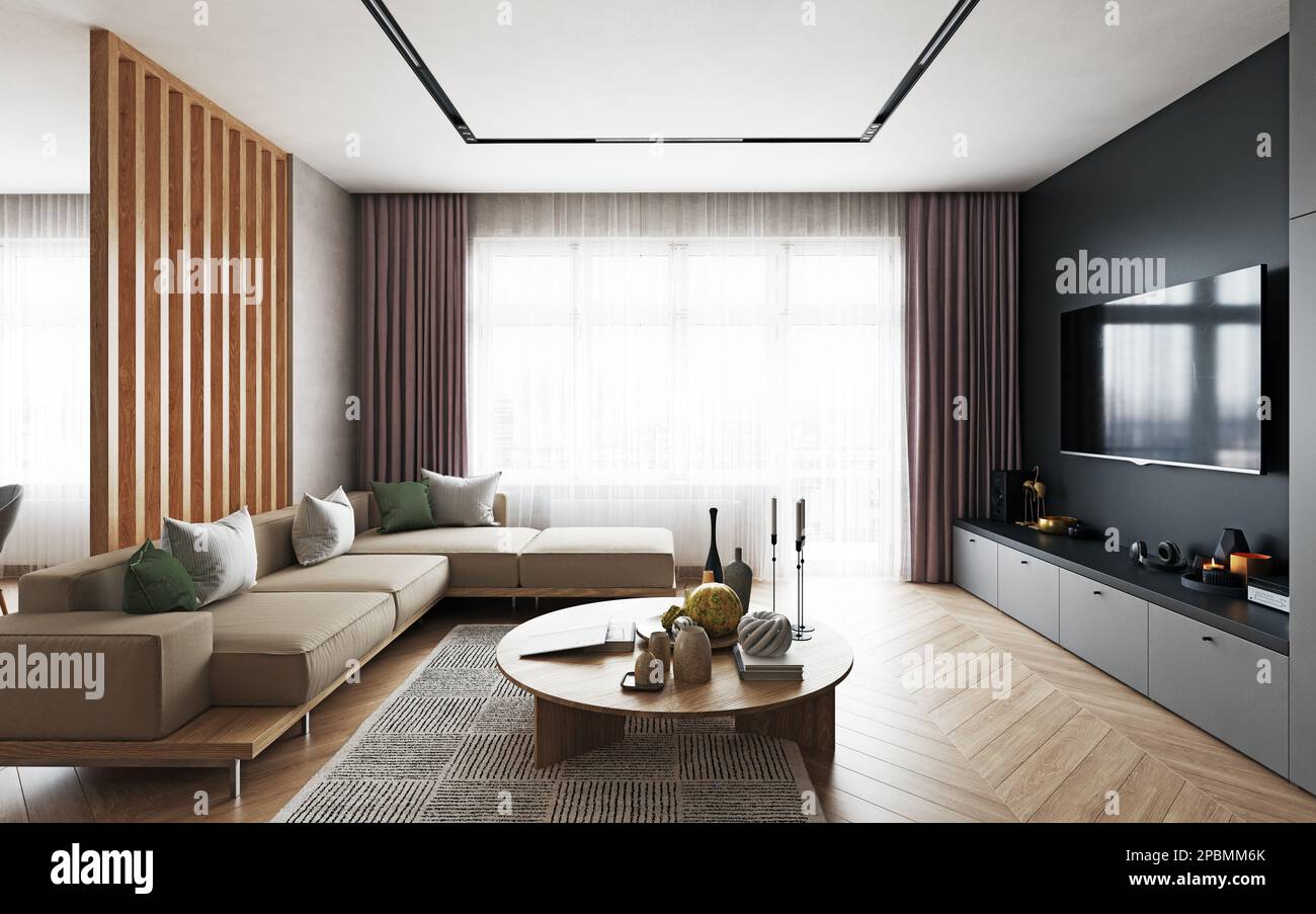 Modern living interior. 3d design concept illustration Stock Photo - Alamy