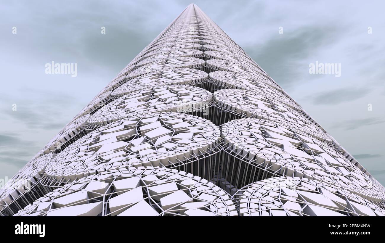 3D Illustration of a tall building with many storeys. A bottom up view ...