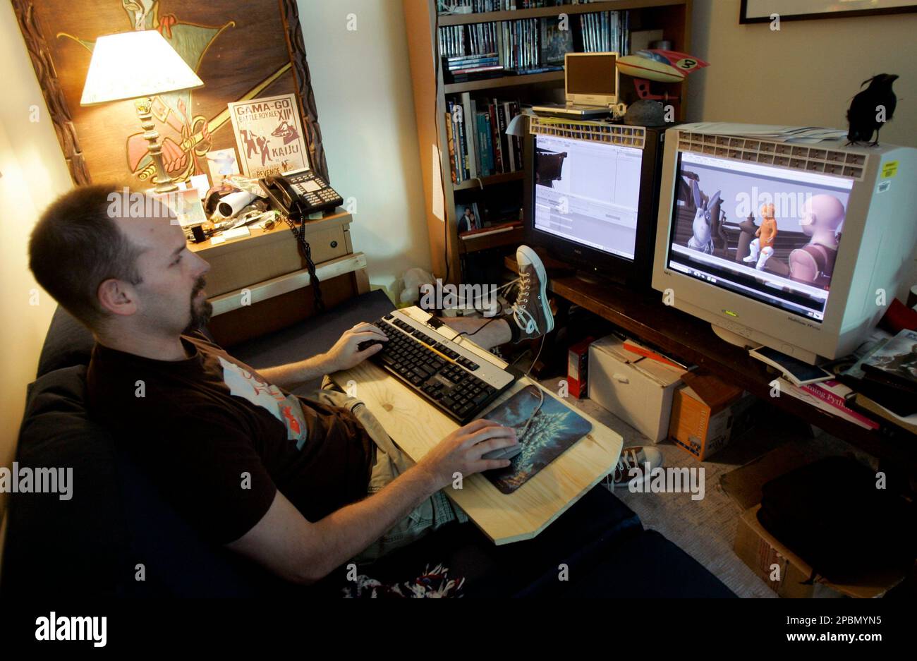 Nick Walker, head of layout for "Shrek the Third," works at his ...