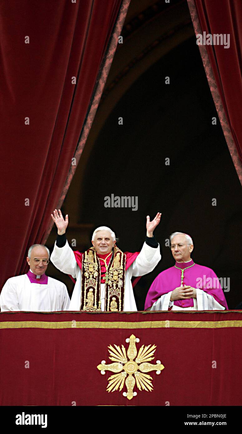 ** FILE ** Newly elected Pope Benedict XVI waves to the crowd from the ...
