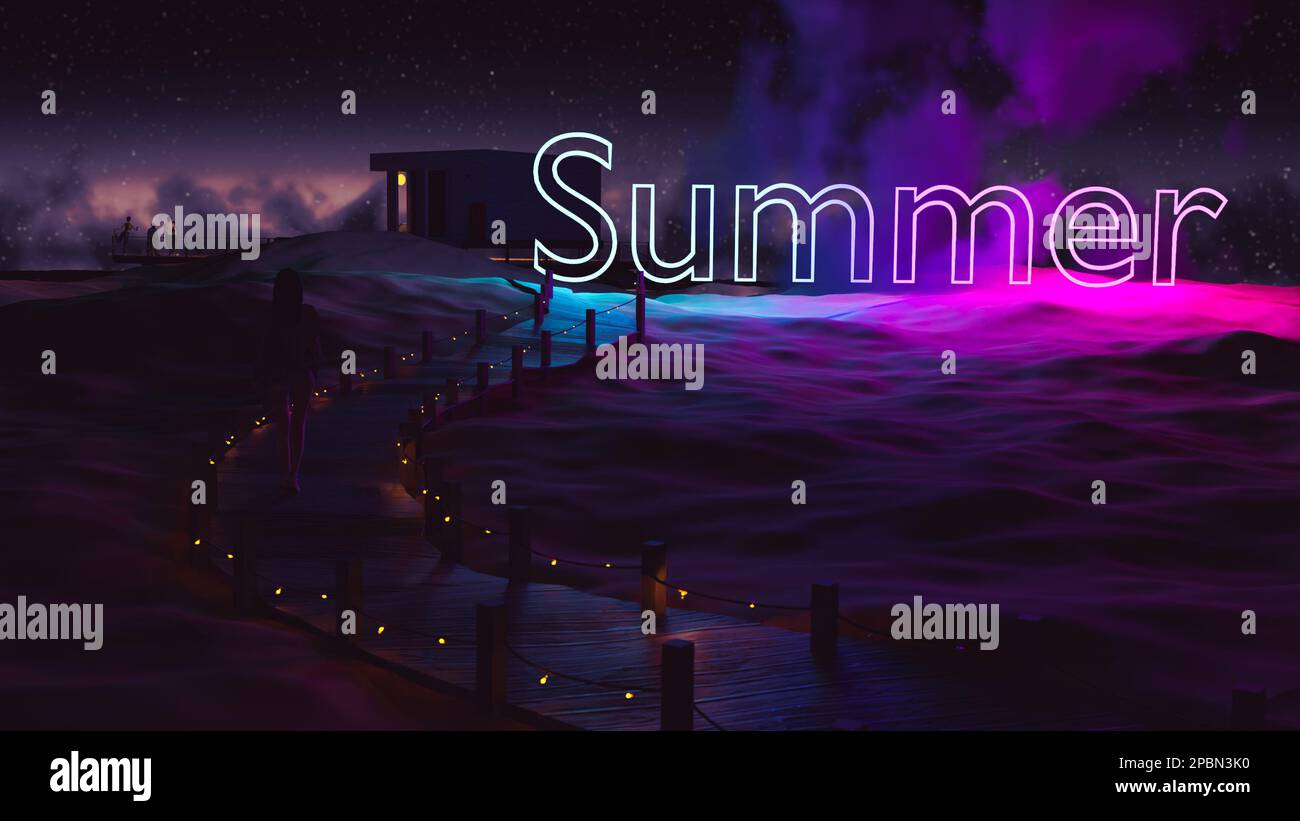 Summer night landscape with neon lights for clubbing and partying 3d ...