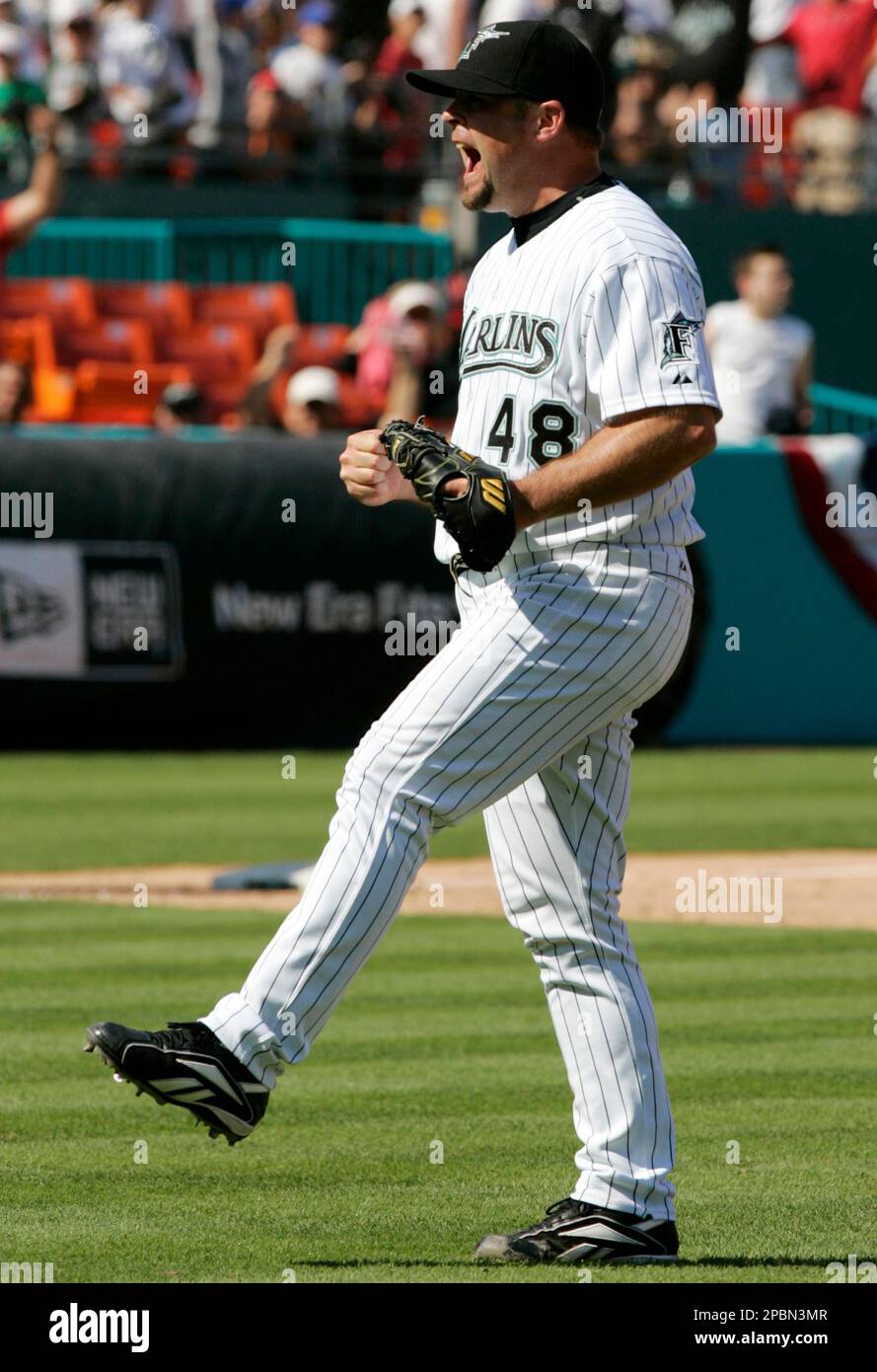 Florida Marlins pitcher Lee Gardner celebrates after striking out ...
