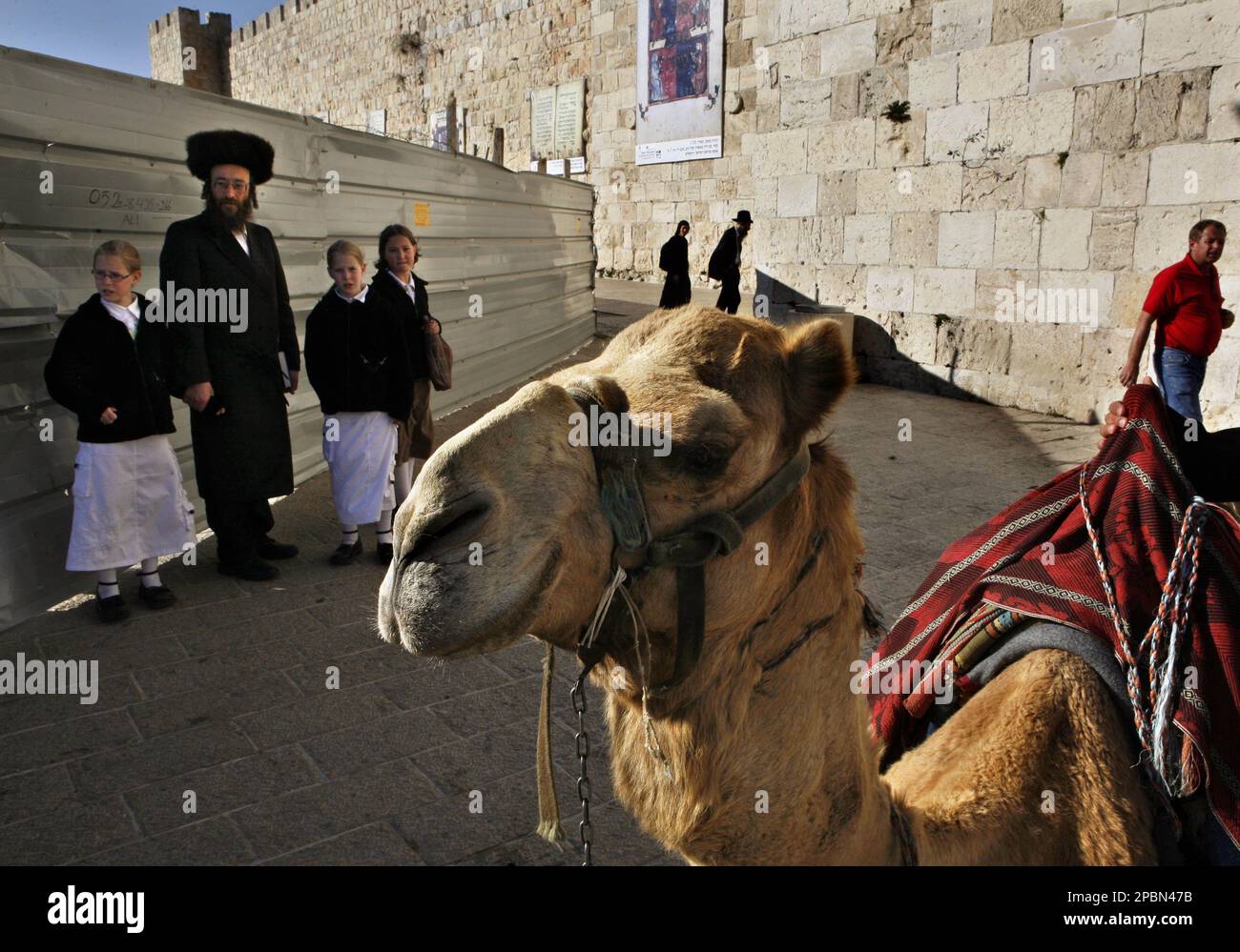 An Ultra-orthodox Jewish man stands with his children as they look at a ...