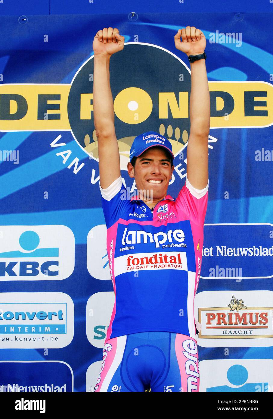 Italy's cyclist Alessandro Ballan of the Lampre team celebrates after ...