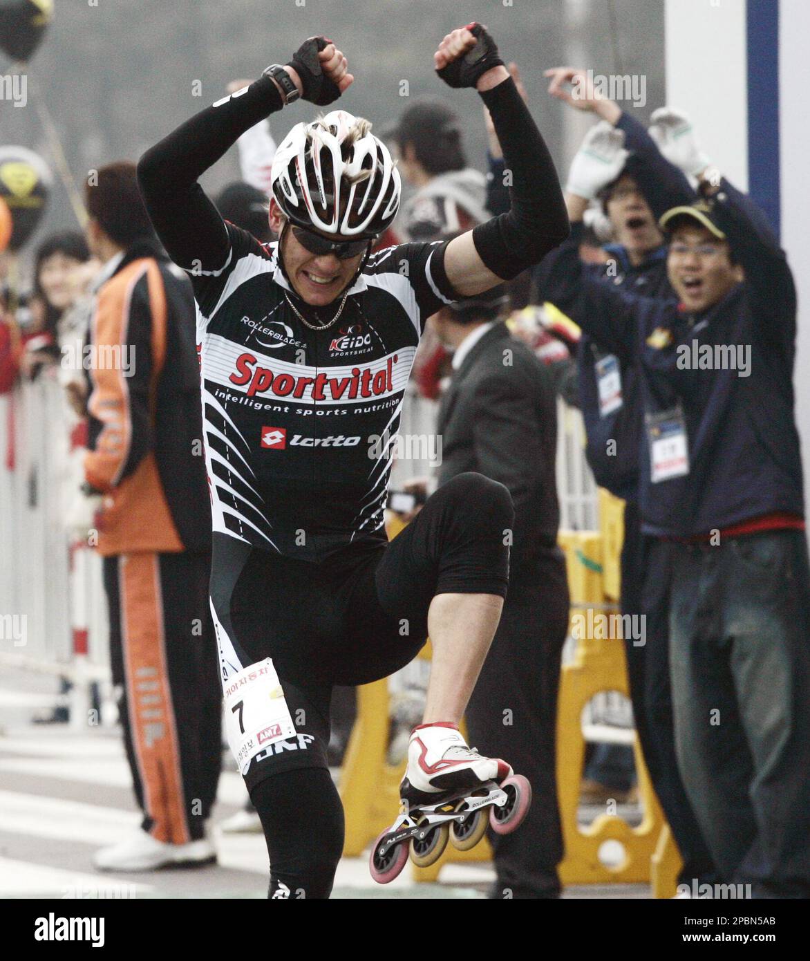 Swiss Nicolas Iten celebrates as he crosses the finish line to win the ...