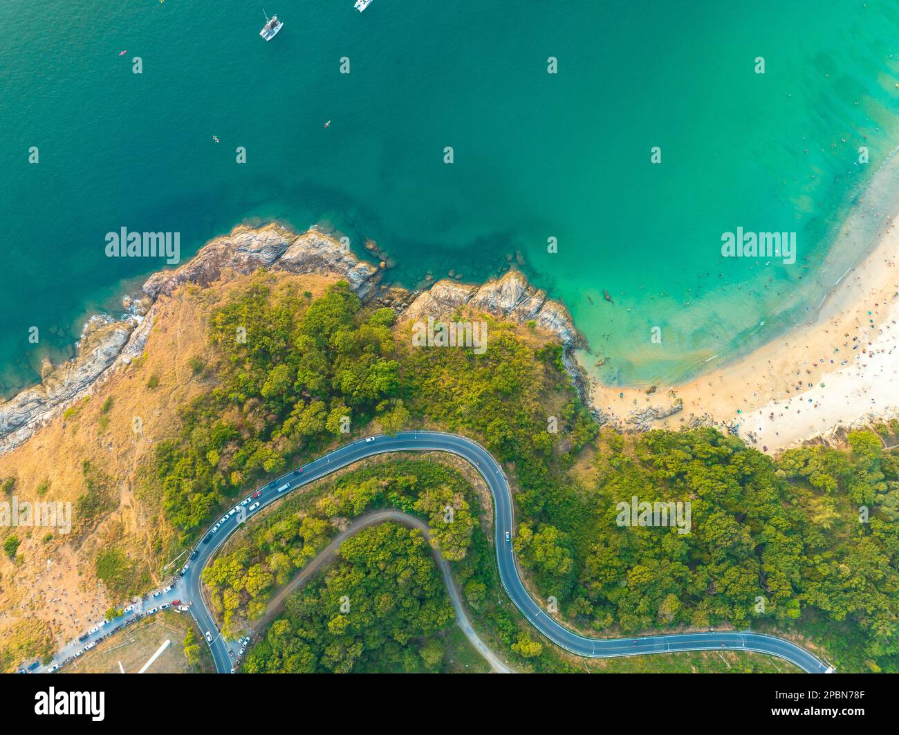 aerial top view The road around Phuket beach on the high mountain winds ...