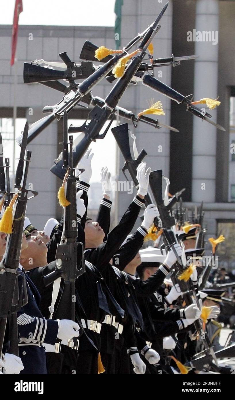 South Korean honor guard soldiers perform during a weekly honor guard ...