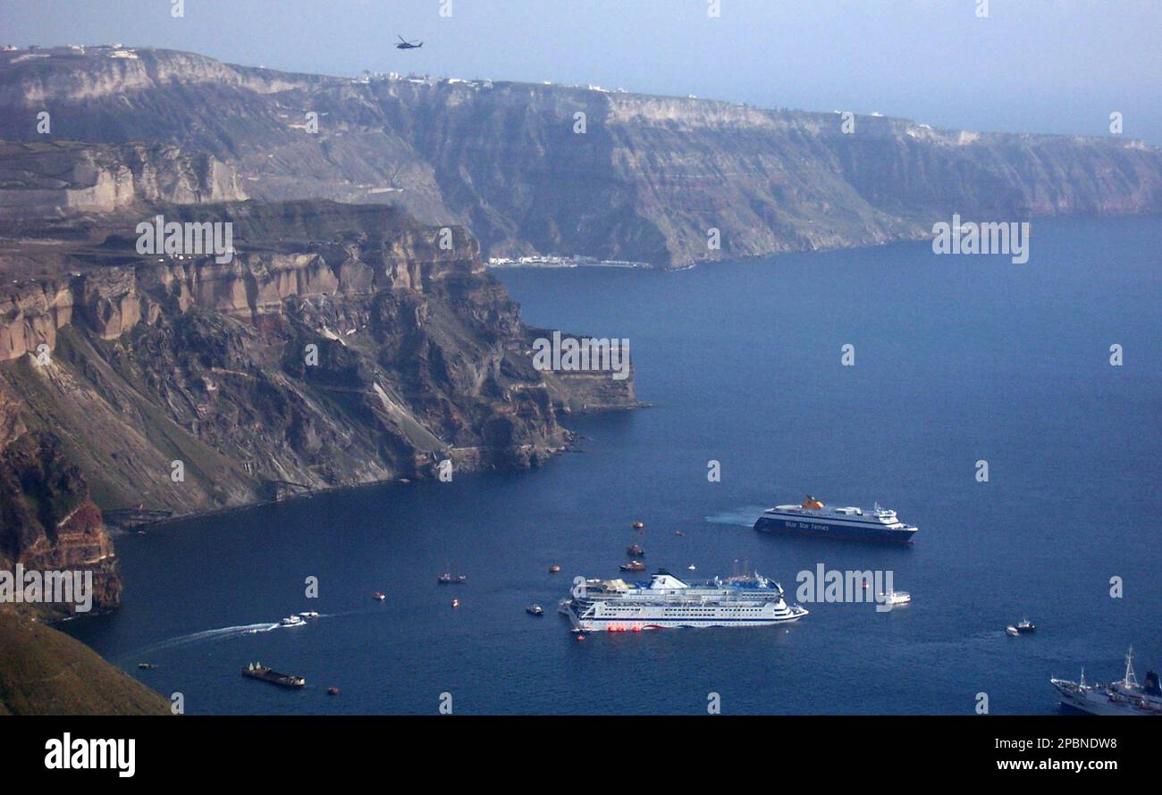 The listing cruise ship 'Sea Diamond' carrying nearly 1,200 passengers ...