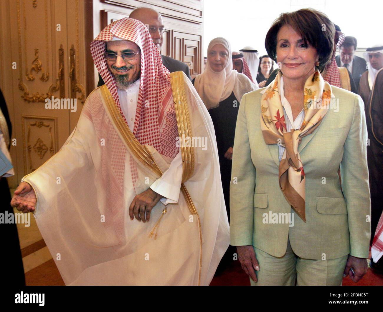 U.S. House Speaker Nancy Pelosi, is welcomed by Sheik Saleh bin Humaid ...