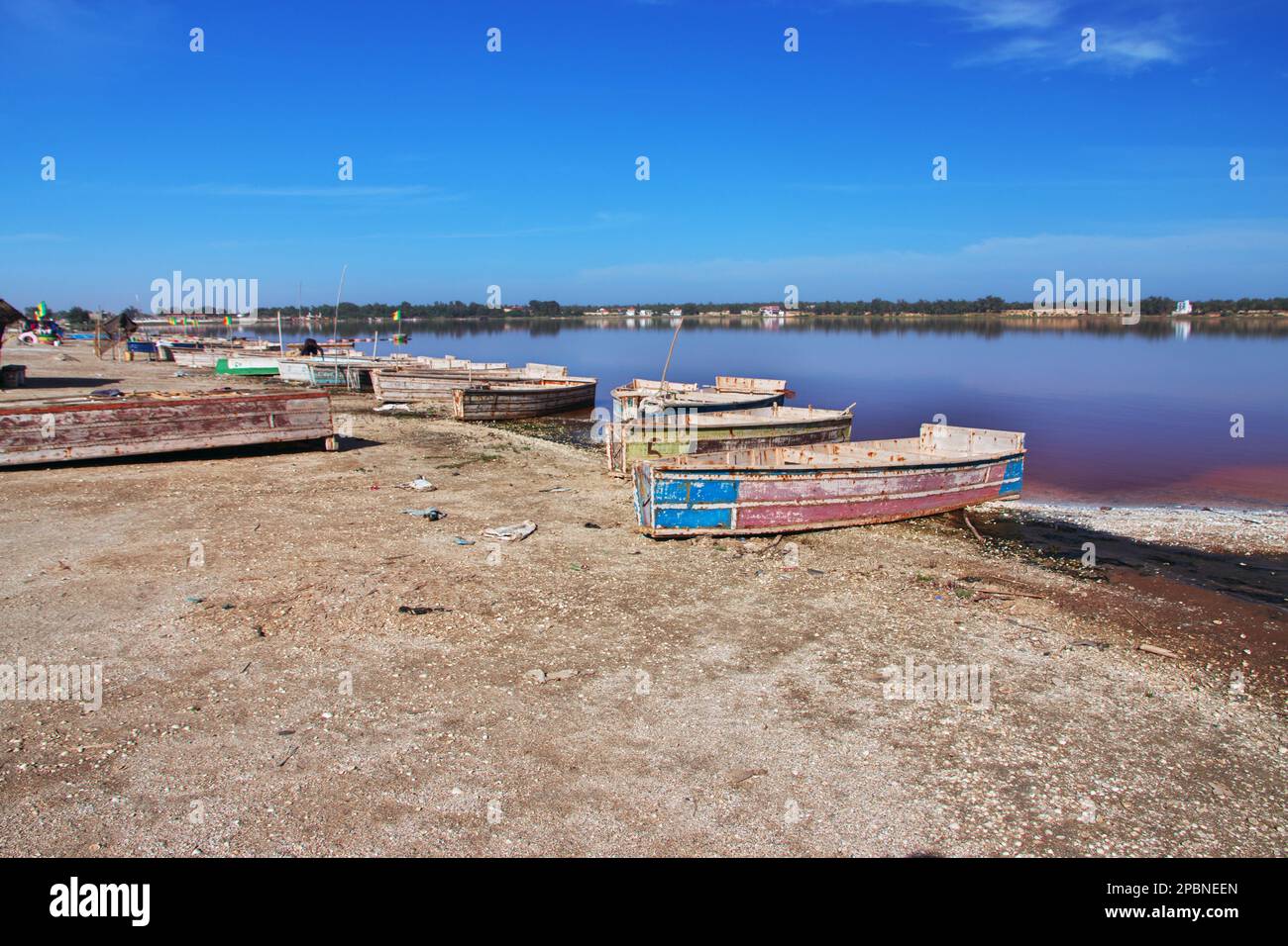 Boat in Lake Retba, Lac rose close Dakar, Senegal, West Africa Stock ...
