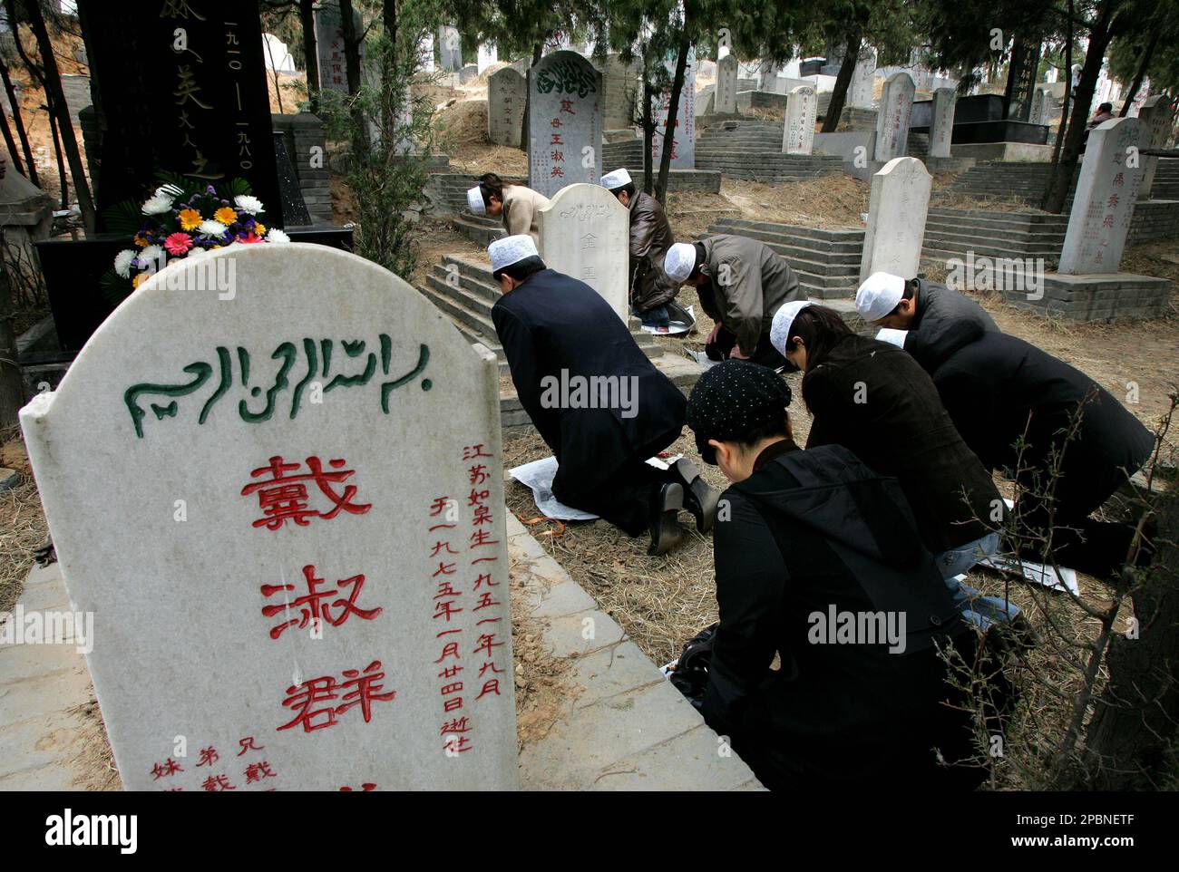 Chinese Muslims pay respects at a grave-side during the Grave Sweeping ...