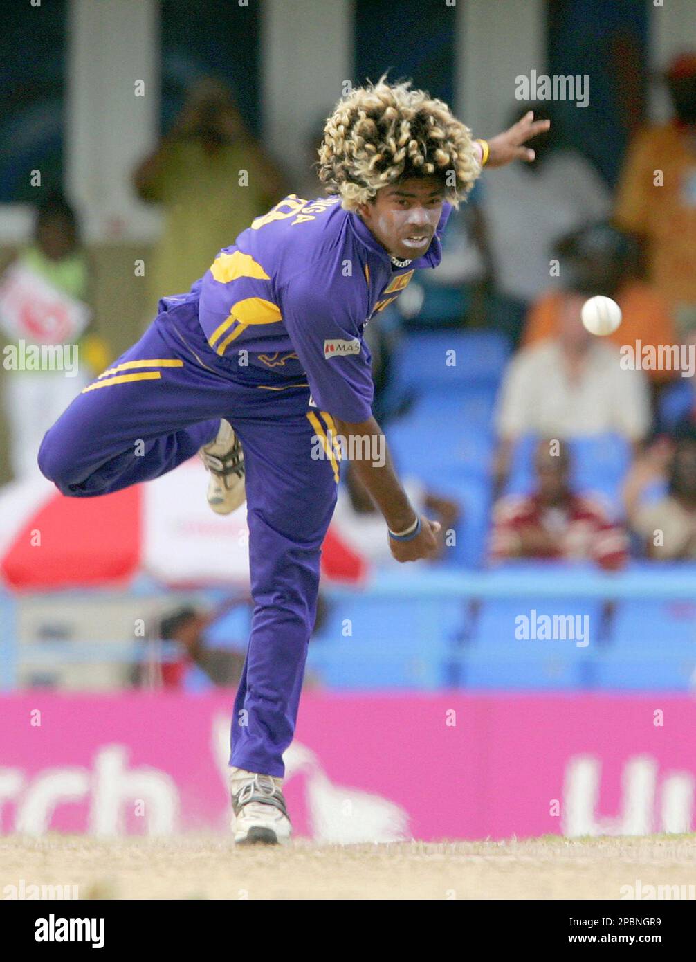 Sri Lanka bowler Lasith Malinga bowls during the Cricket World Cup ...