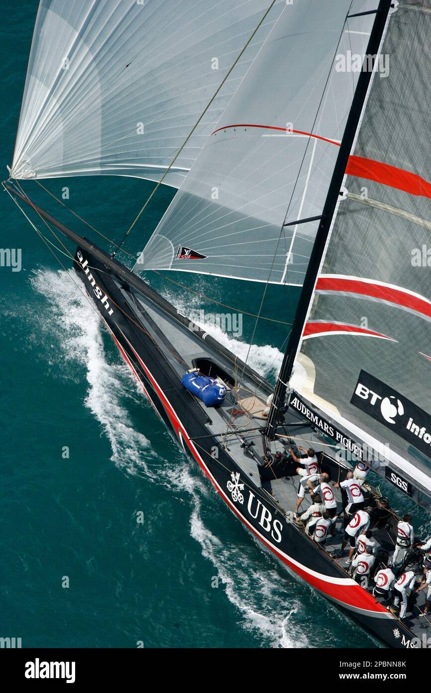 Swiss defender yacht Alinghi, SUI 91, sails the first fleet race during ...