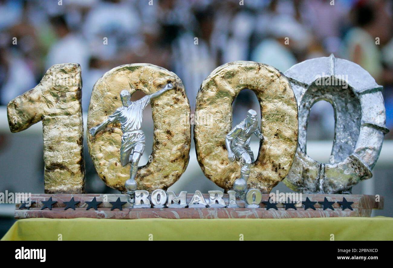 A trophy prepared to mark Romario's 1000th goal is seen at the Maracana ...