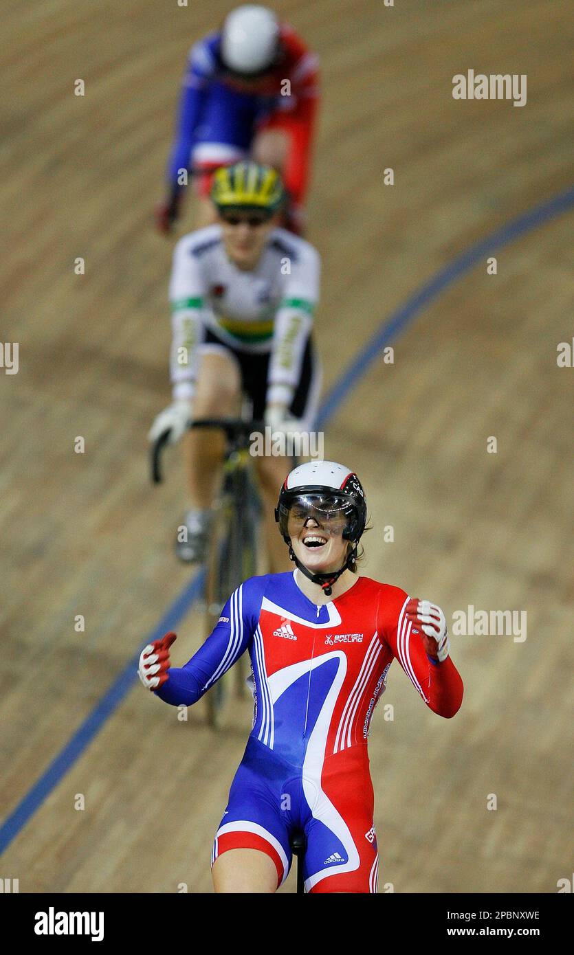Great Britain cyclist Victoria Pendleton celebrates after won the Women ...