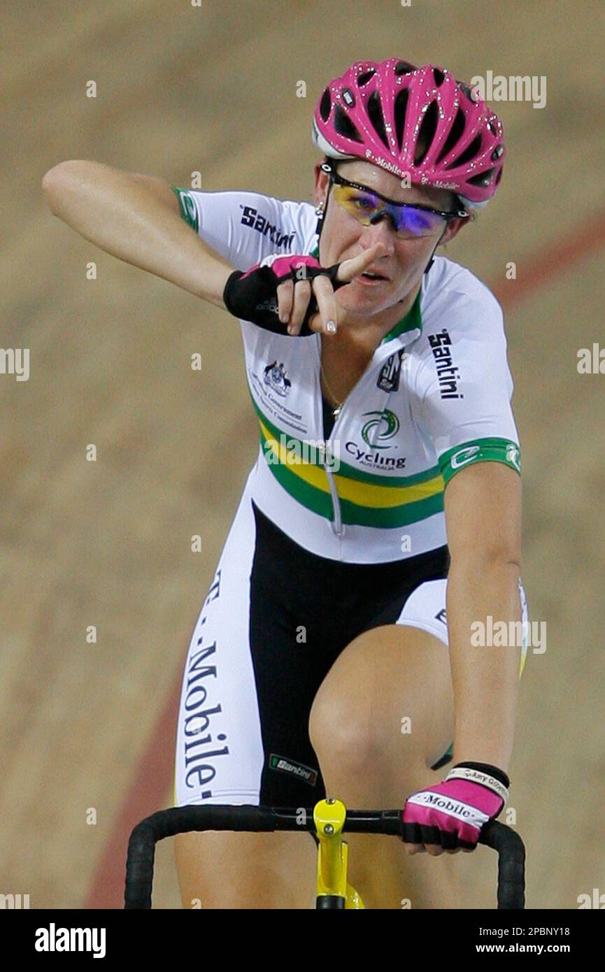 Australian cyclist Katherine Bates celebrates after winning the Women's ...