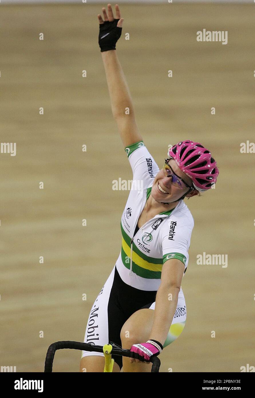 Australian cyclist Katherine Bates celebrates after she won the Women's ...
