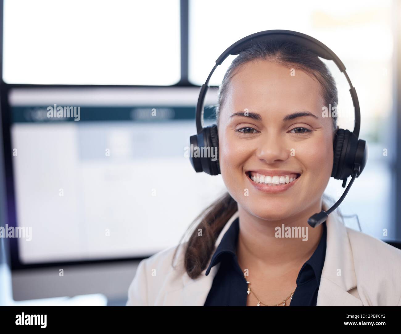 Contact us, call center or portrait of happy woman in telecom ...