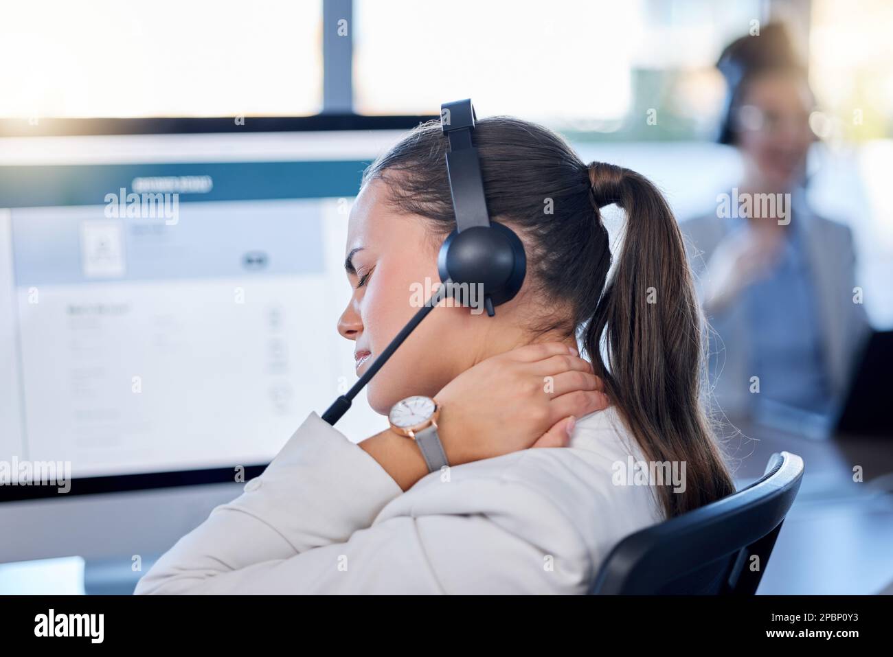 Stress, neck pain or woman in call center with burnout, fatigue or bad ...