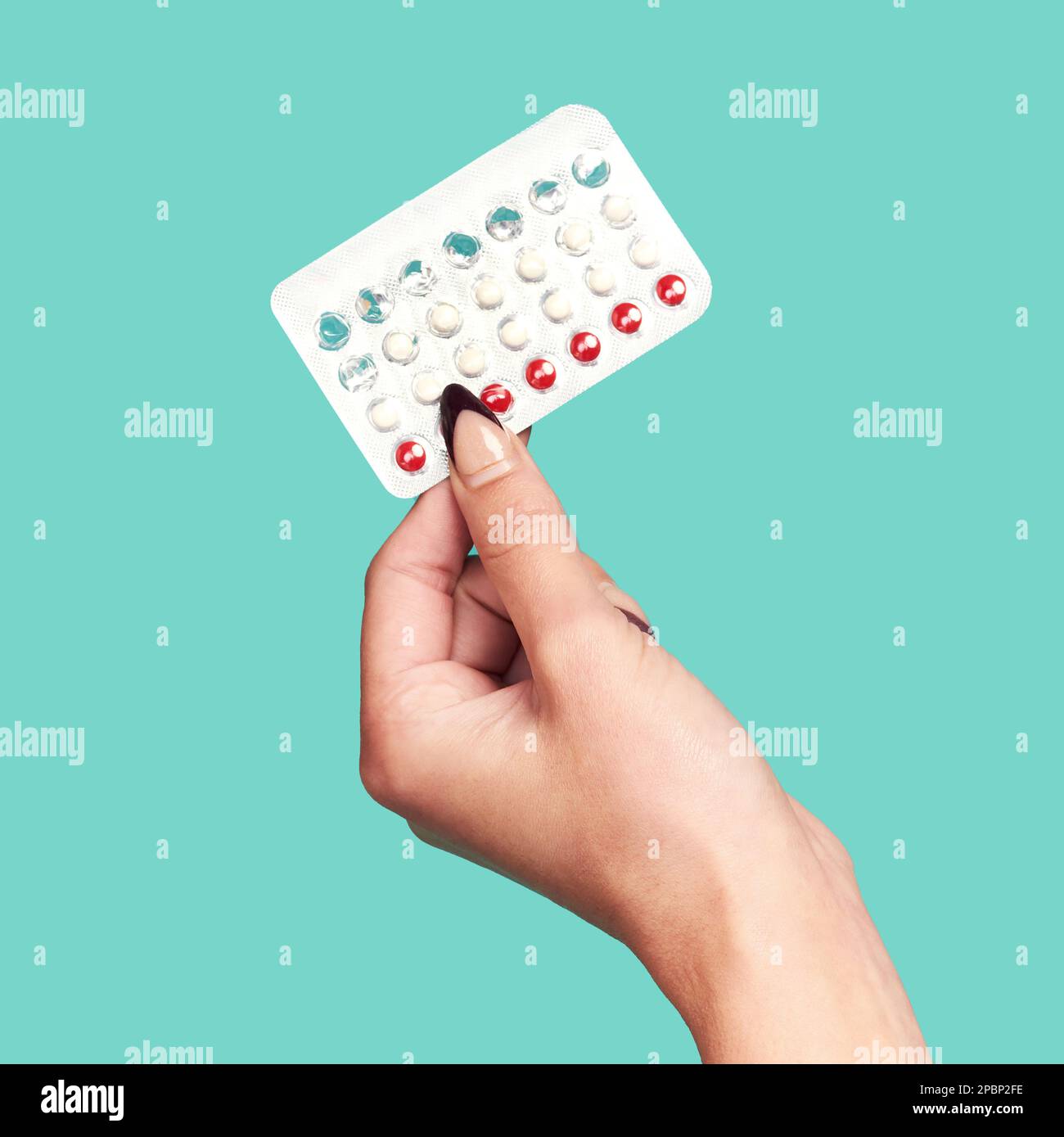 Woman hands, tablets and medication for birth control on mockup against ...