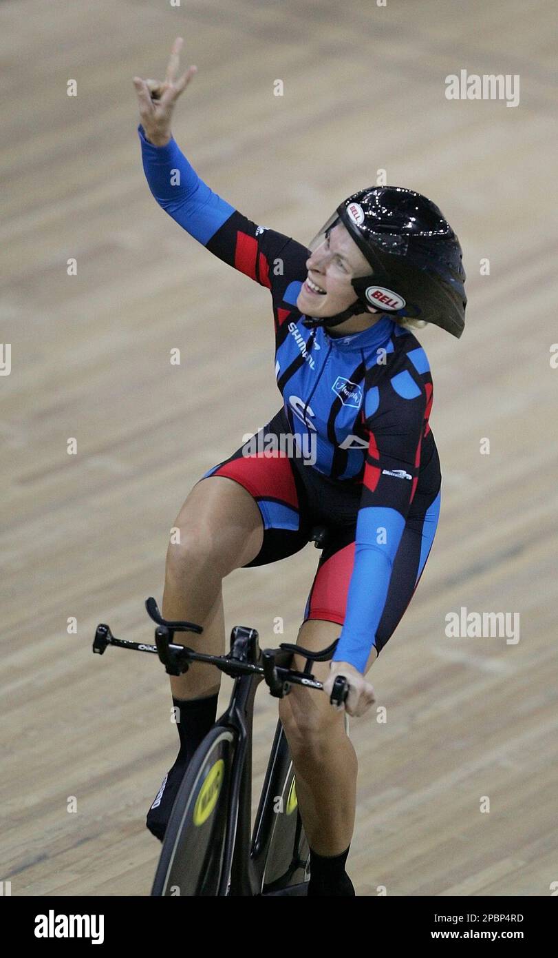 United Spates cyclist Sarah Hammer celebrates after won the gold medal ...