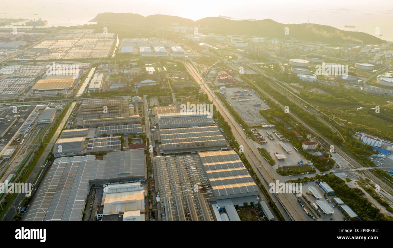 Top view Solar Panels on Warehouse Factory. Solar photo voltaic panels ...