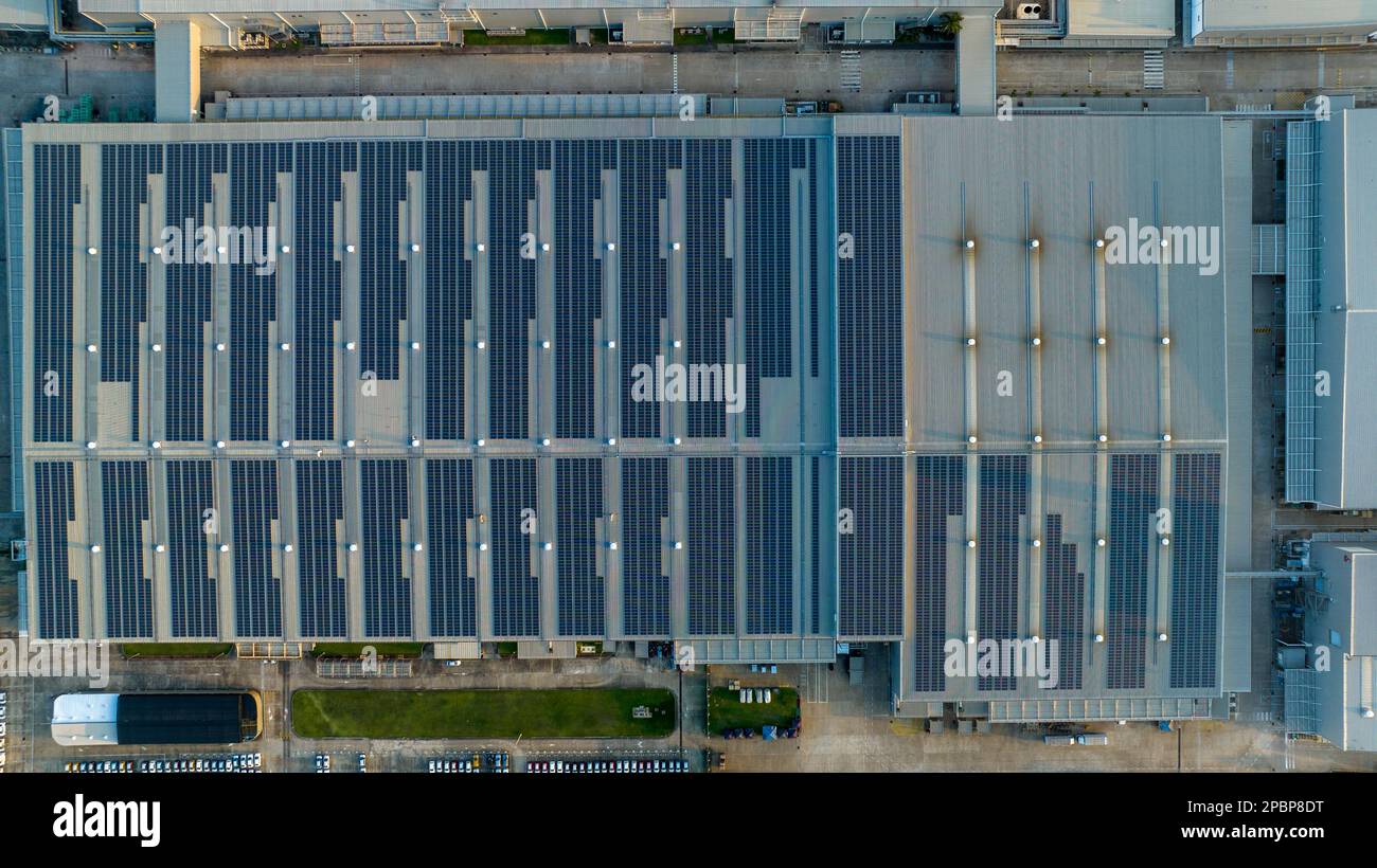 Top view Solar Panels on Warehouse Factory. Solar photo voltaic panels ...