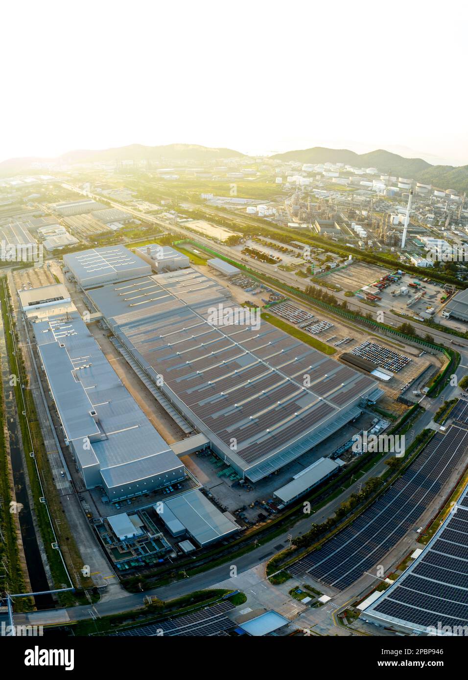 Top view Solar Panels on Warehouse Factory. Solar photo voltaic panels ...