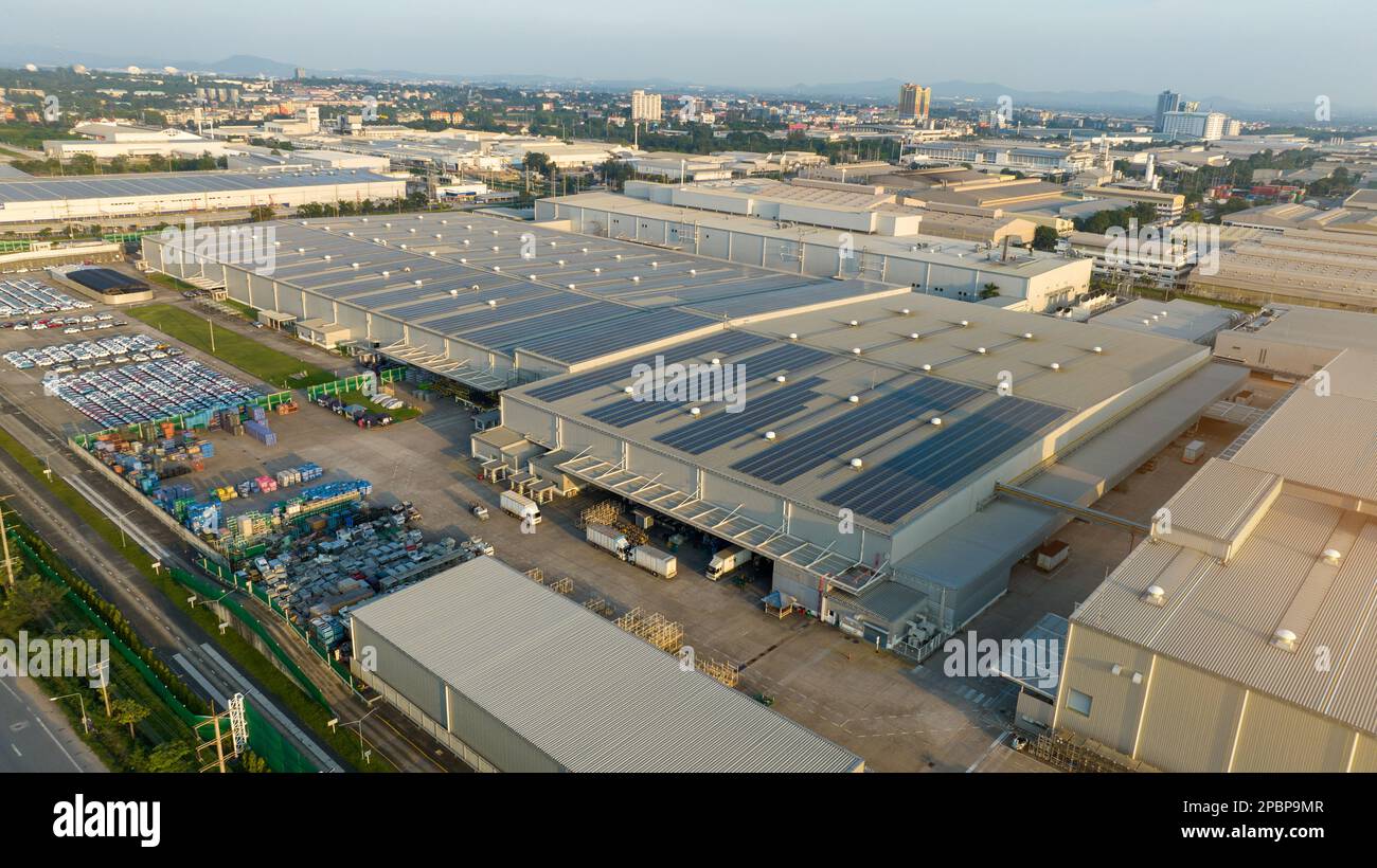 Top view Solar Panels on Warehouse Factory. Solar photo voltaic panels ...
