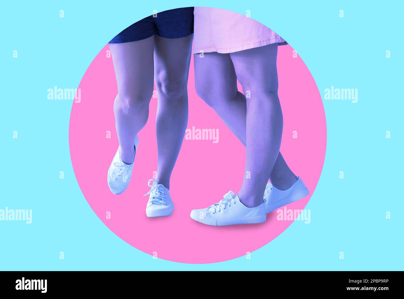 A colorful collage of feet in stylish sneakers against a background of ...