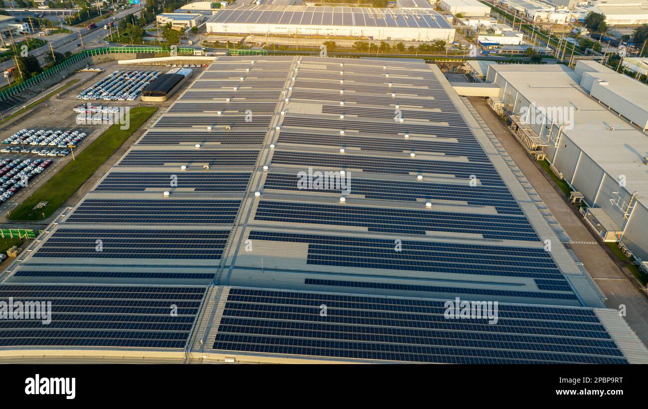 Top view Solar Panels on Warehouse Factory. Solar photo voltaic panels ...