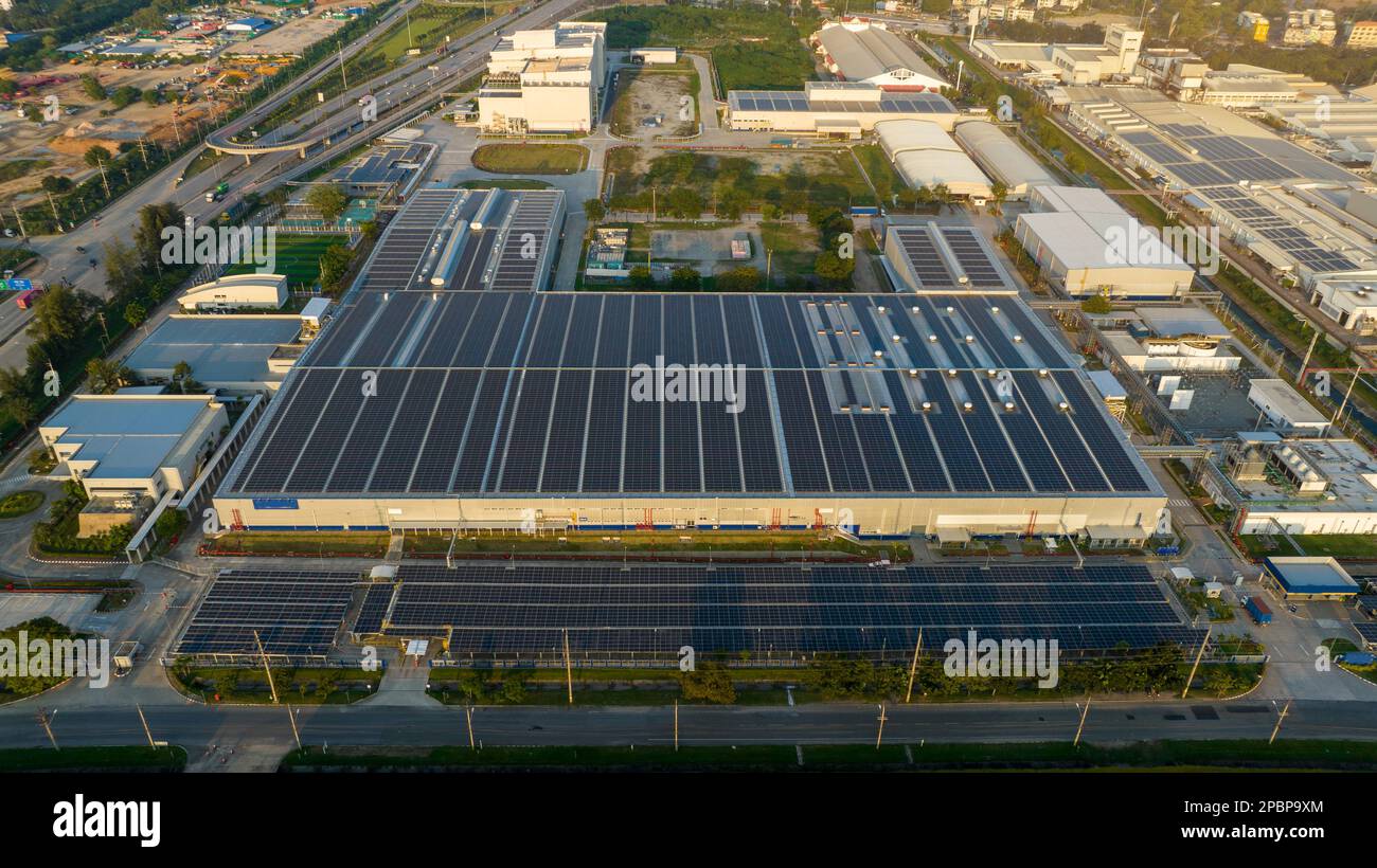 Top view Solar Panels on Warehouse Factory. Solar photo voltaic panels ...