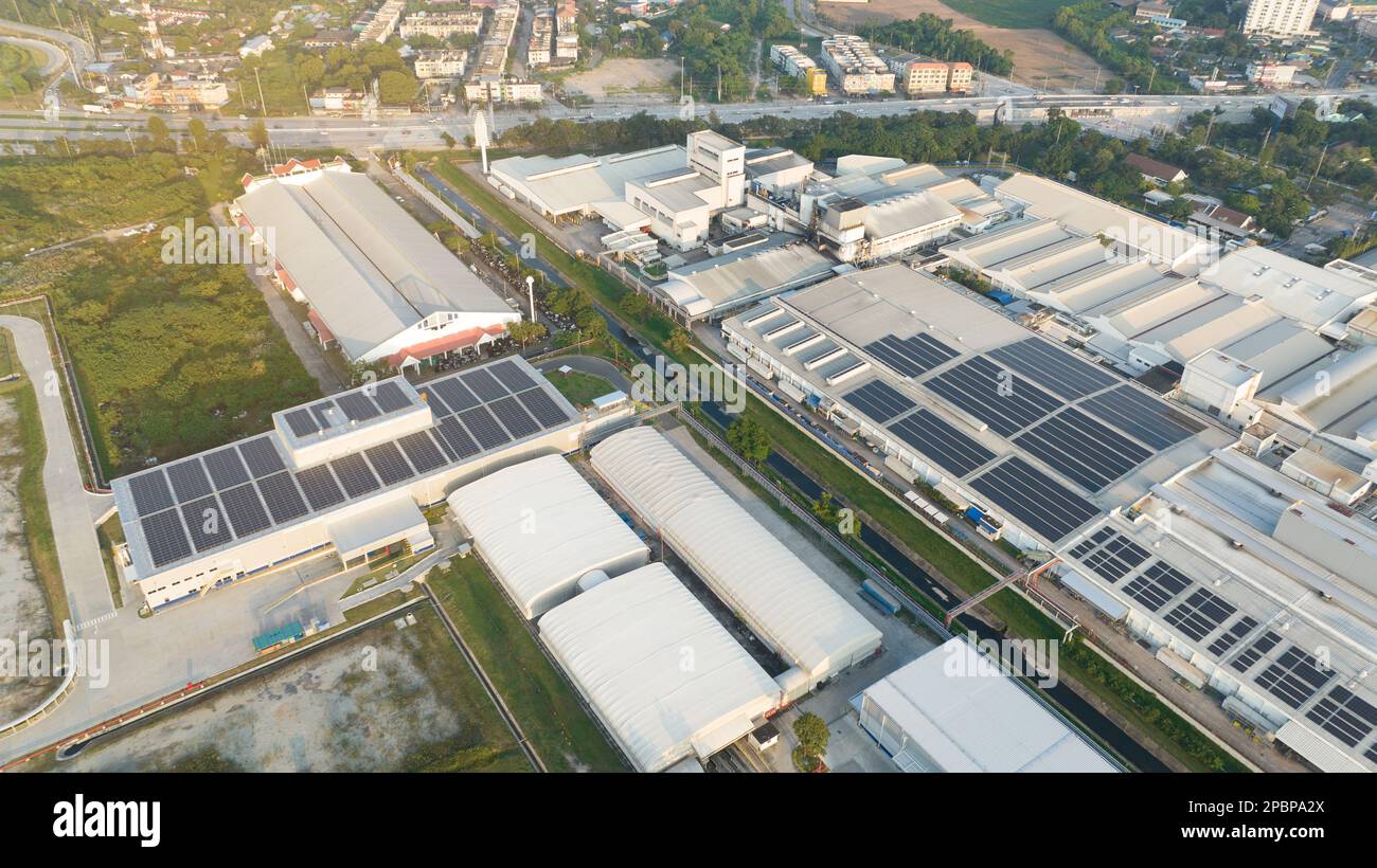 Top view Solar Panels on Warehouse Factory. Solar photo voltaic panels ...