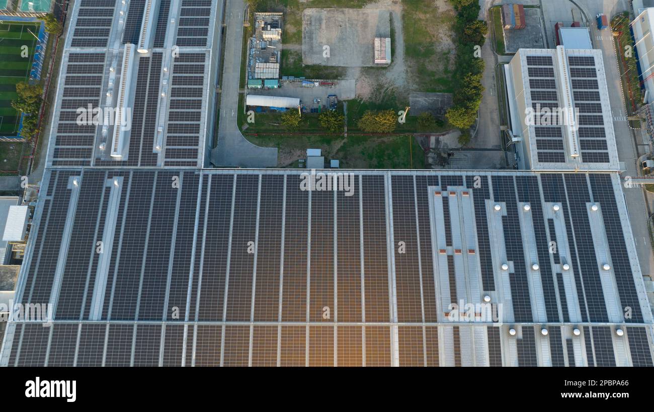 Top view Solar Panels on Warehouse Factory. Solar photo voltaic panels ...