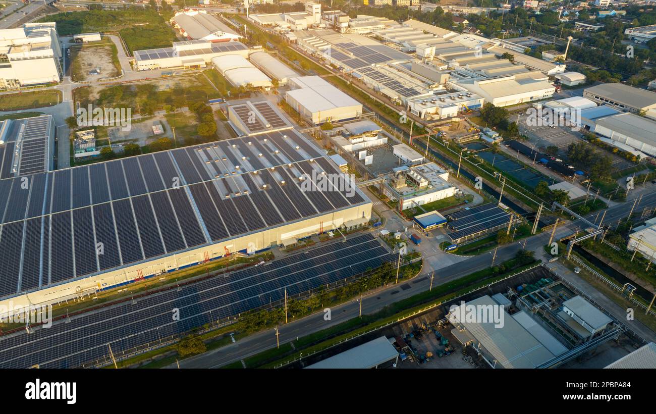 Top view Solar Panels on Warehouse Factory. Solar photo voltaic panels ...