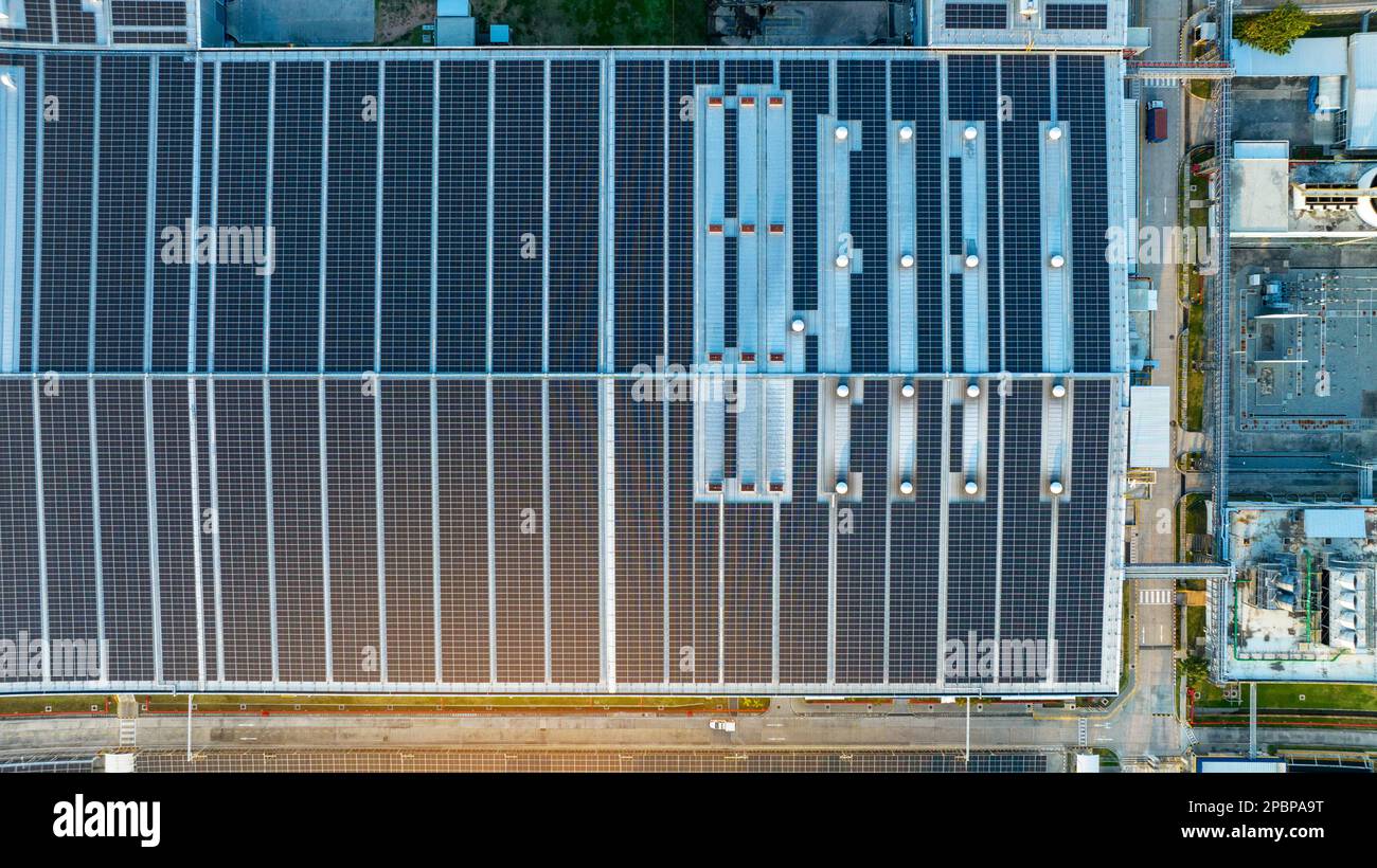 Top view Solar Panels on Warehouse Factory. Solar photo voltaic panels ...