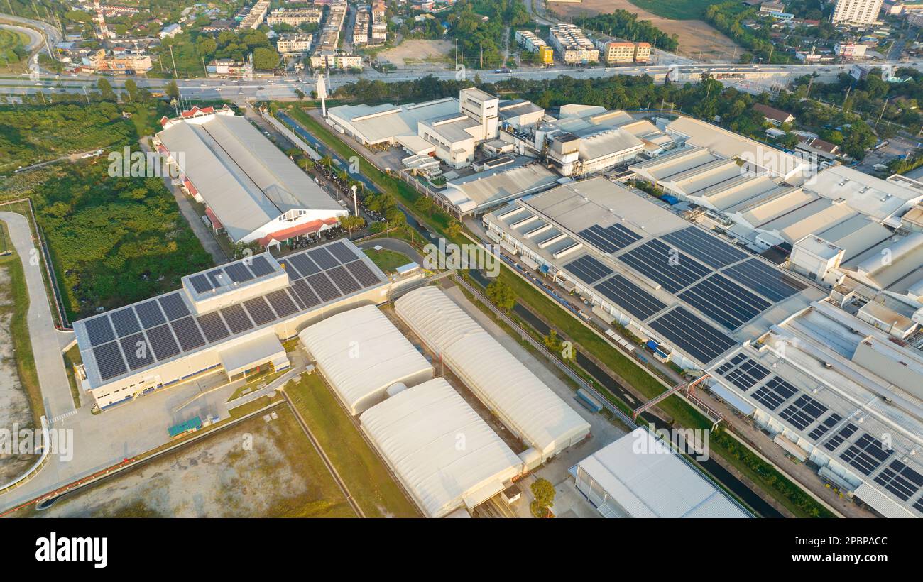 Top view Solar Panels on Warehouse Factory. Solar photo voltaic panels ...