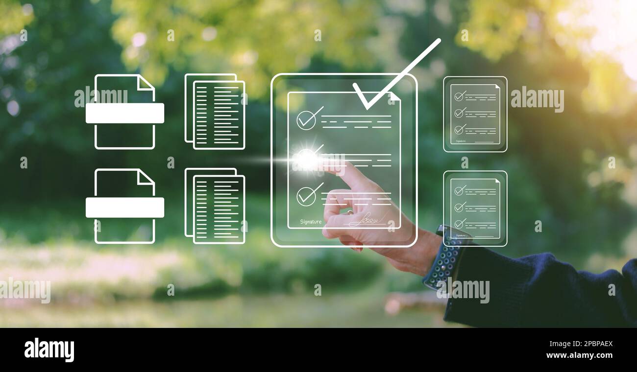 Electronic Signature Concept Electronic Signing Of Digital Documents On Virtual Laptop Screen
