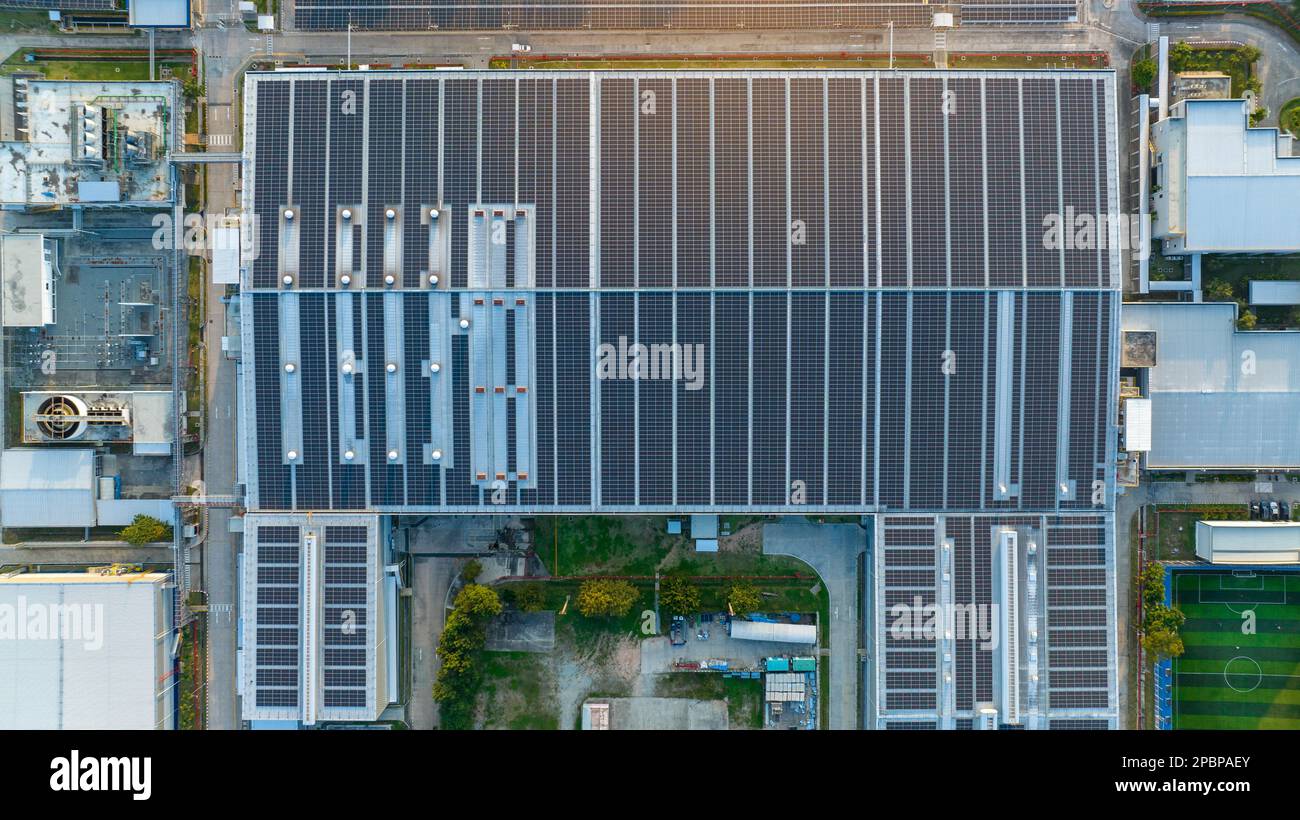 Top view Solar Panels on Warehouse Factory. Solar photo voltaic panels ...